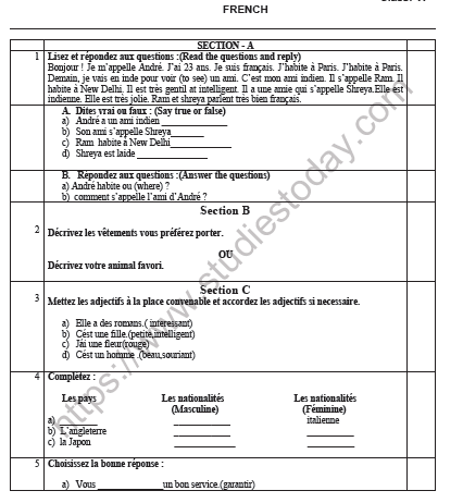 CBSE Class 6 French Worksheet Set C